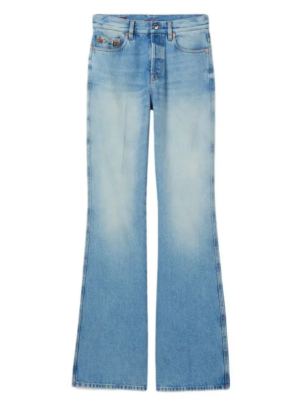 Gucci Stone-washed Cotton Denim Flared Jeans With Leather Trim Hook
