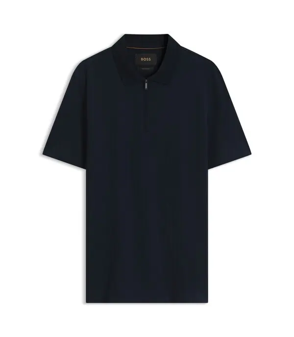 BOSS Zipper-neck Polo Shirt In A Cotton-silk Blend - Dark Blue