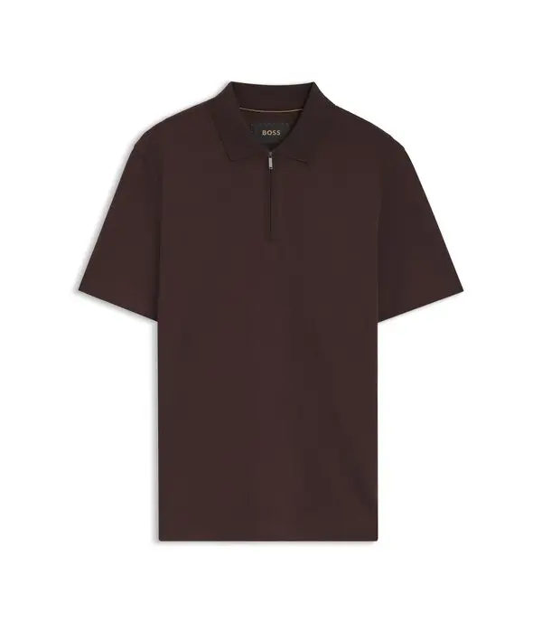 BOSS Zipper-neck Polo Shirt In A Cotton-silk Blend - Light Brown