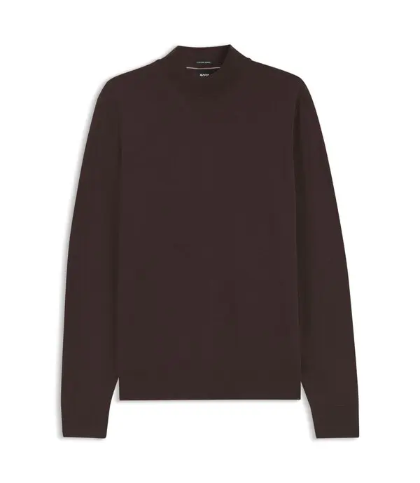 BOSS Mock Neck Sweater In Extra-fine Merino Wool - Dark Brown