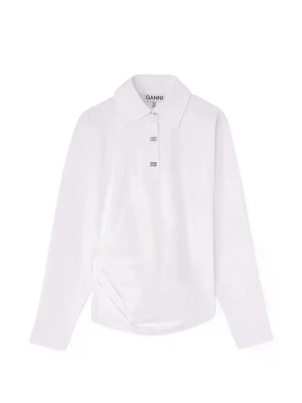GANNI Cotton Jersey Polo Shirt With Ruched Detailing - White