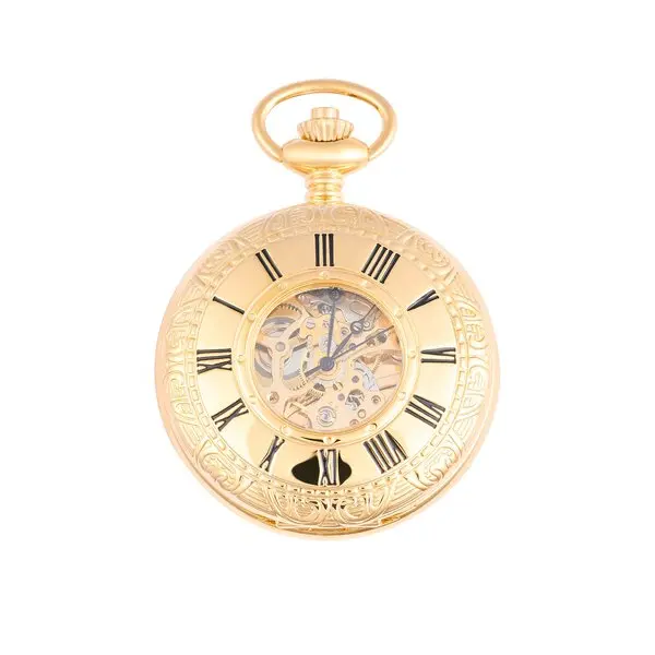 RAPPORT LONDON Mechanical Half Hunter Pocket Watch With Skeleton Movement And Engraved Case