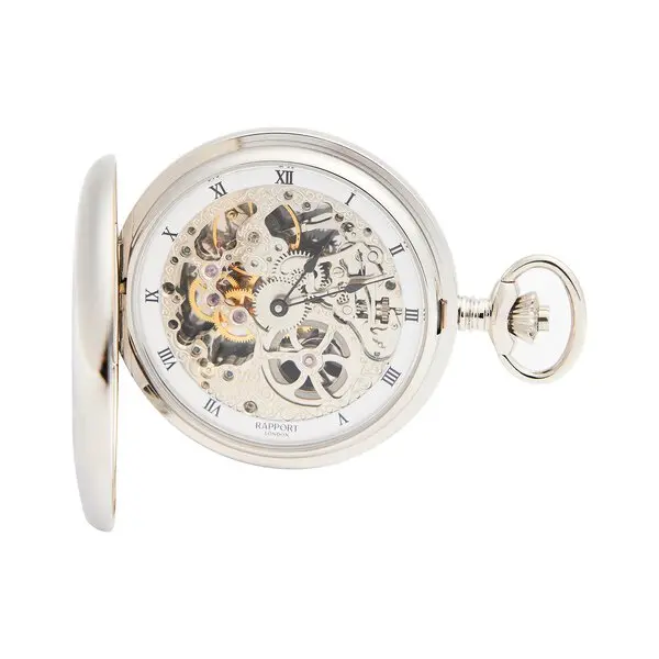 RAPPORT LONDON Double Hunter Skeleton Mechanical Pocket Watch - Silver