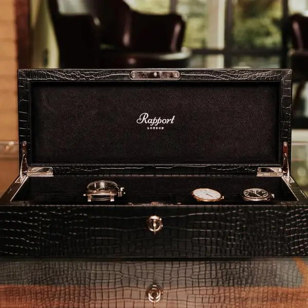RAPPORT LONDON Brompton Five Watch Box In Crocodile-effect Leather - Black