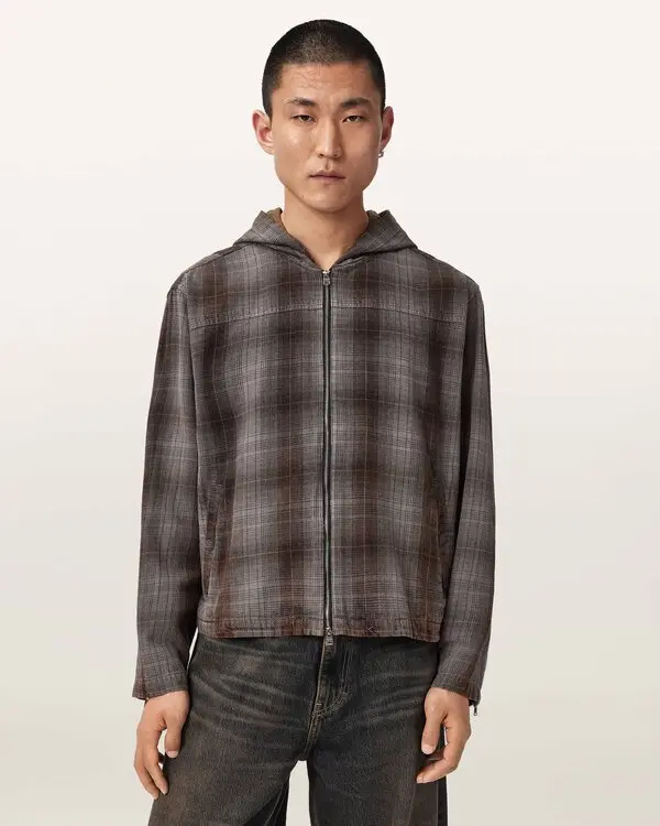 ALLSAINTS Santo Check Zip Up Hooded Shirt