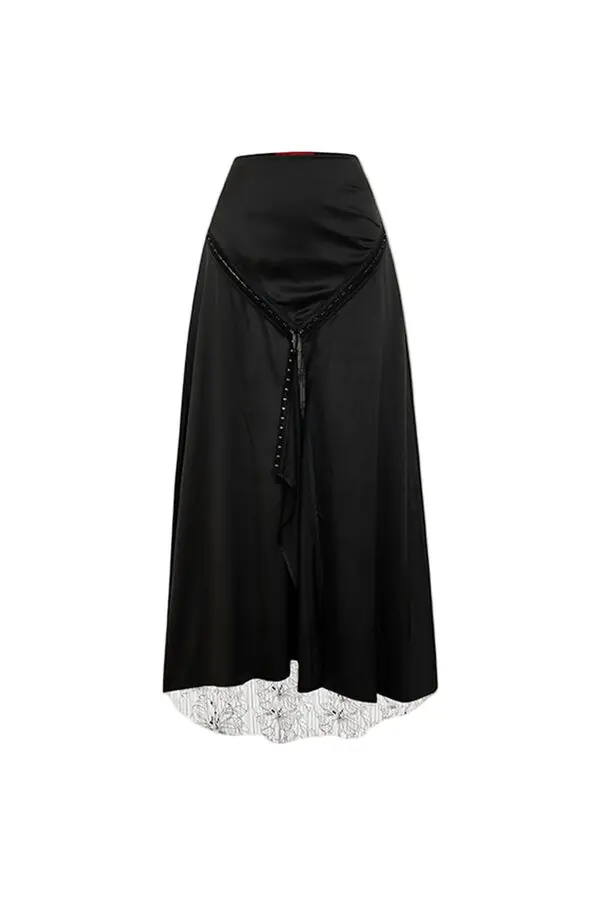 PCFG The Party Edit Slit Lace Panel Satin Maxi Skirt - Black