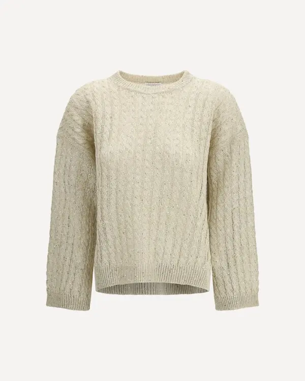Brunello Cucinelli Dazzling Cable Linen Weater With Openwork Ribbing