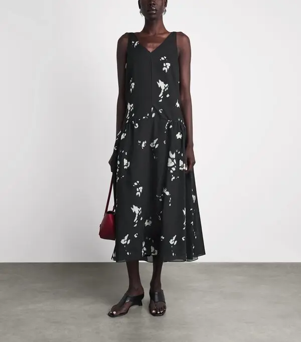 Theory Satin Floral Print V-neck Midi Dress
