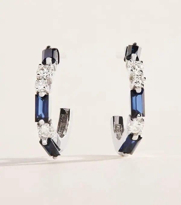 SUZANNE KALAN Gold, Diamond And Blue Sapphire Thin Mix Hoop Earrings - White