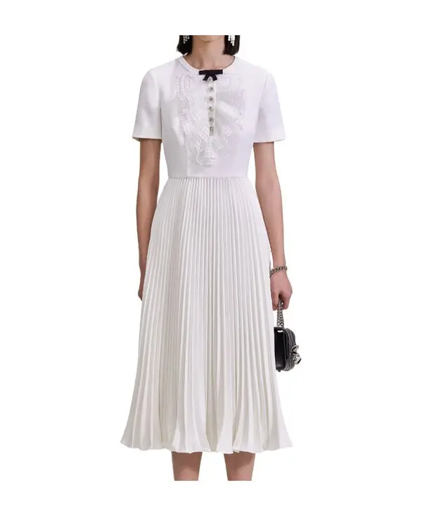 SELF-PORTRAIT Lace Collar Pleated Midi Dress