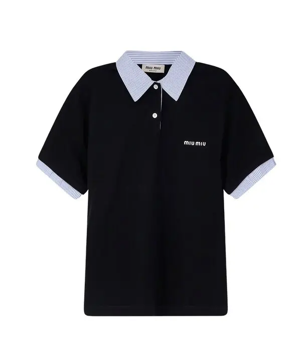 Miu Miu Short Sleeve Embroidered Logo Polo Shirt - Black