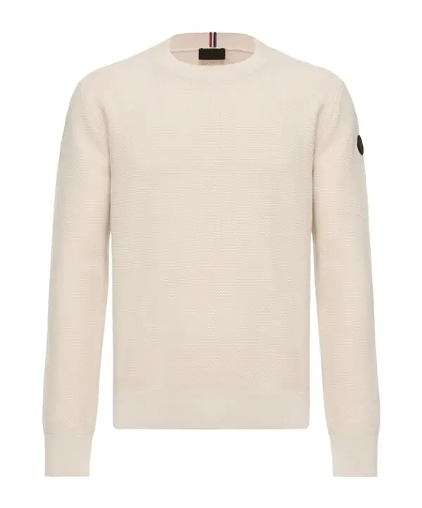 Moncler Cotton Knit Crewneck Sweater With Tricolor Detailing - Beige