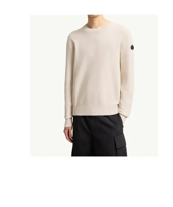 Moncler Cotton Knit Crewneck Sweater With Tricolor Detailing - Beige