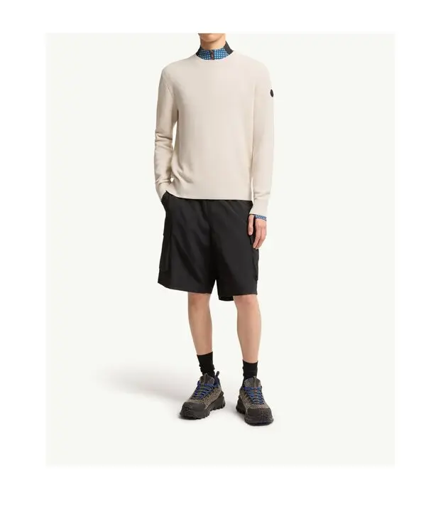 Moncler Cotton Knit Crewneck Sweater With Tricolor Detailing - Beige
