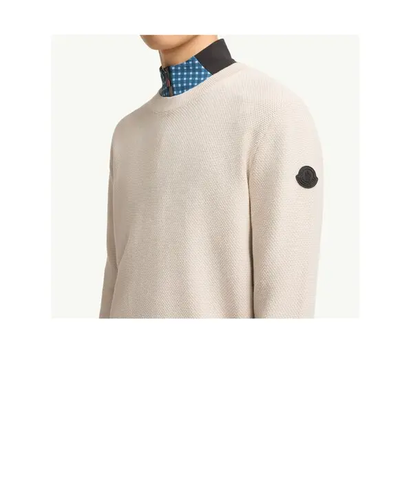 Moncler Cotton Knit Crewneck Sweater With Tricolor Detailing - Beige