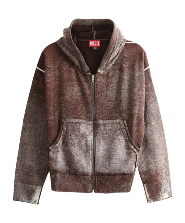 DIESEL® Reverse-print Hooded Cardigan In Wool - Brown