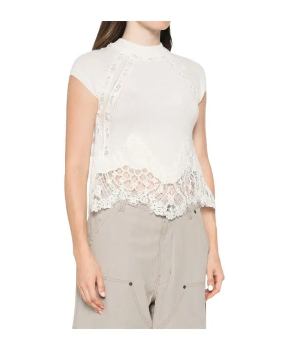 Ermanno Scervino Lace Trim High Neck Short Sleeve Top - White