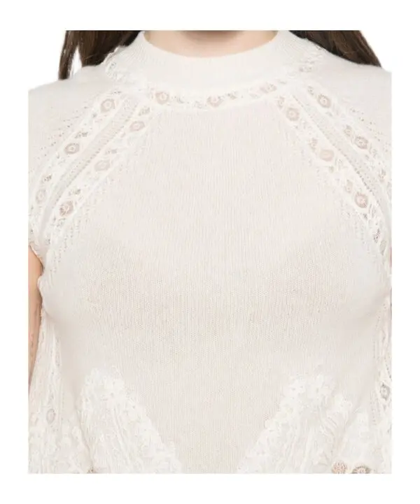 Ermanno Scervino Lace Trim High Neck Short Sleeve Top - White