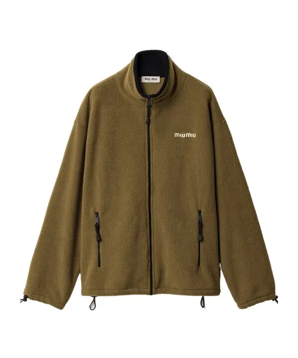 Miu Miu Fleece Zip-up Jacket With Embroidered Logo - Forest Green