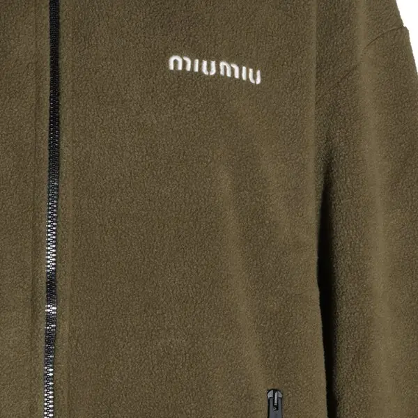 Miu Miu Fleece Zip-up Jacket With Embroidered Logo - Forest Green