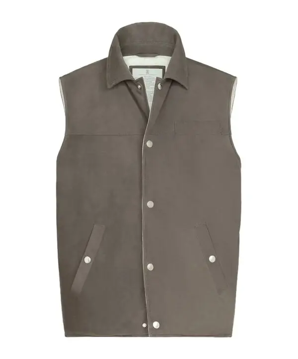 Brunello Cucinelli Suede Down Vest With Shirt-style Collar