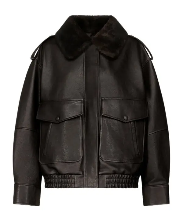 Loulou De Saison Russo Shearling Collar Leather Jacket - Coffeedark