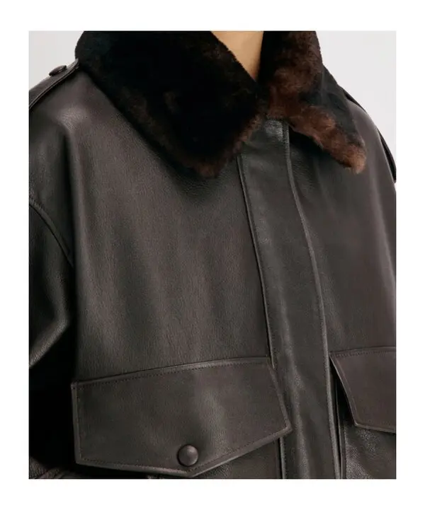 Loulou De Saison Russo Shearling Collar Leather Jacket - Coffeedark