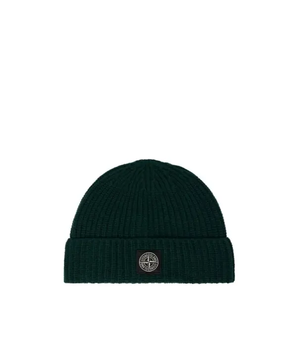 Stone Island Ribbed Knit Beanie With Compass Logo Patch