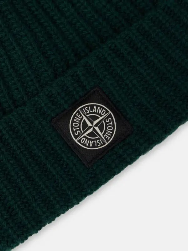 Stone Island Ribbed Knit Beanie With Compass Logo Patch