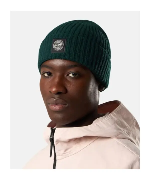 Stone Island Ribbed Knit Beanie With Compass Logo Patch