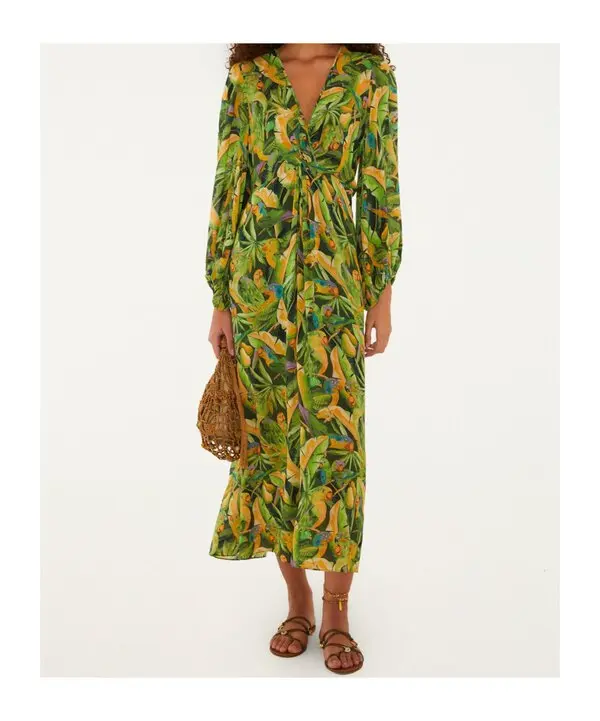 Farm Rio Parrot-print Gathered-waist Midi Dress - Green