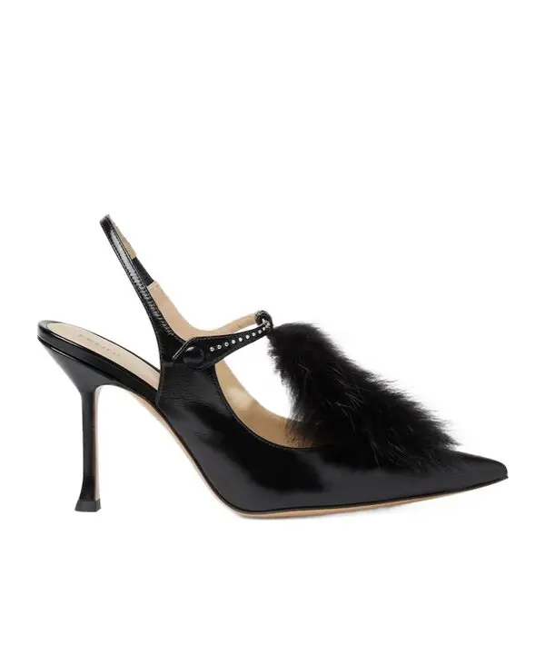 Fendi Leather Slingbacks With Fox Fur Embellishment