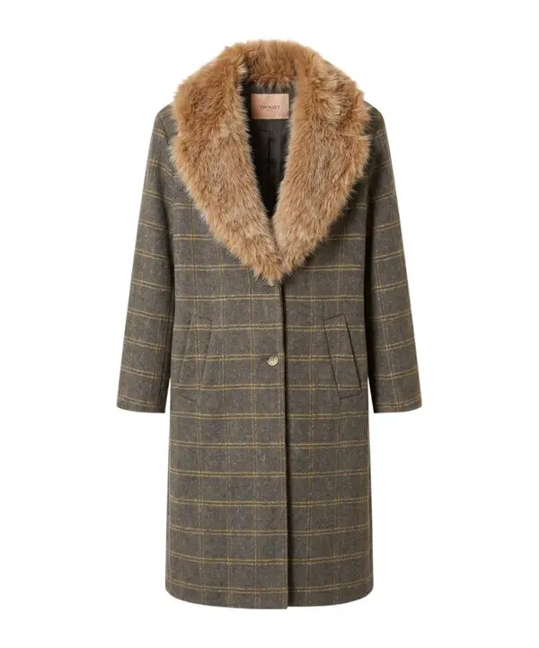 TWINSET Double-breasted Plaid Wool Coat