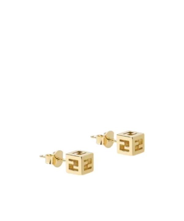 Fendi Gold Finish Ff Logo Cube Stud Earrings - Golden