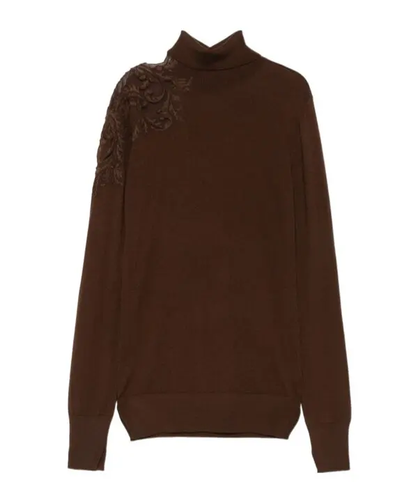Ermanno Scervino Long-sleeved Lace-panelled High-neck Sweater - Brown