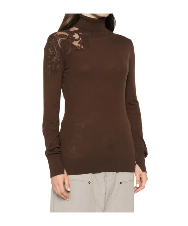 Ermanno Scervino Long-sleeved Lace-panelled High-neck Sweater - Brown