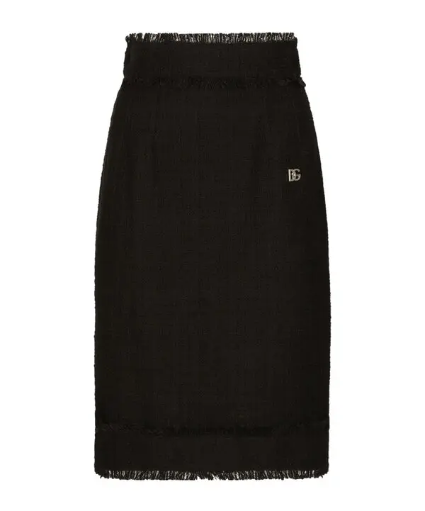 Dolce & Gabbana Dg-plaque Tweed Midi Skirt - Black