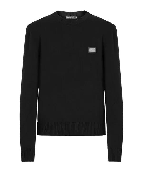 Dolce & Gabbana Wool Round-neck Sweater With Branded Plaque