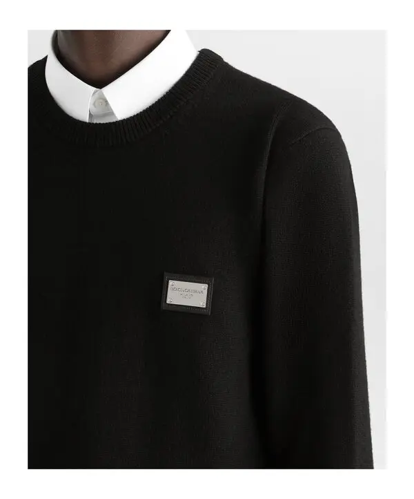 Dolce & Gabbana Wool Round-neck Sweater With Branded Plaque