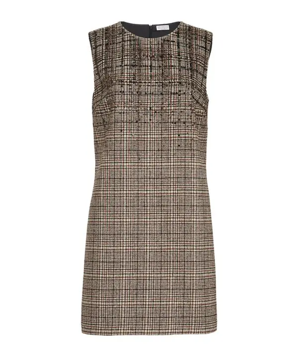 Brunello Cucinelli Checked Alpaca And Wool Mini Dress With Sequined Embellishment - Brown