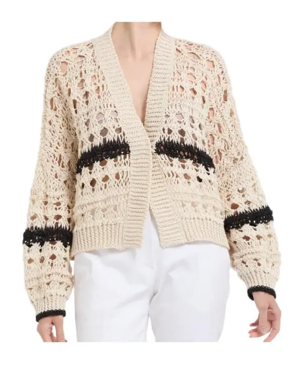 Brunello Cucinelli Long Sleeve Crochet Knit Cardigan With Contrast Detailing