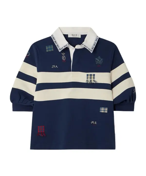 Sea Striped Cropped Rugby Polo Shirt - Black