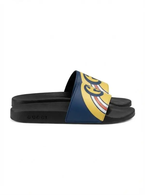 Gucci Navy Blue And Pursuit Logo Slides - Black