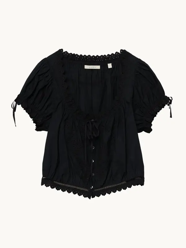 DÔEN Organic Poplin Embroidered Blouse - Black