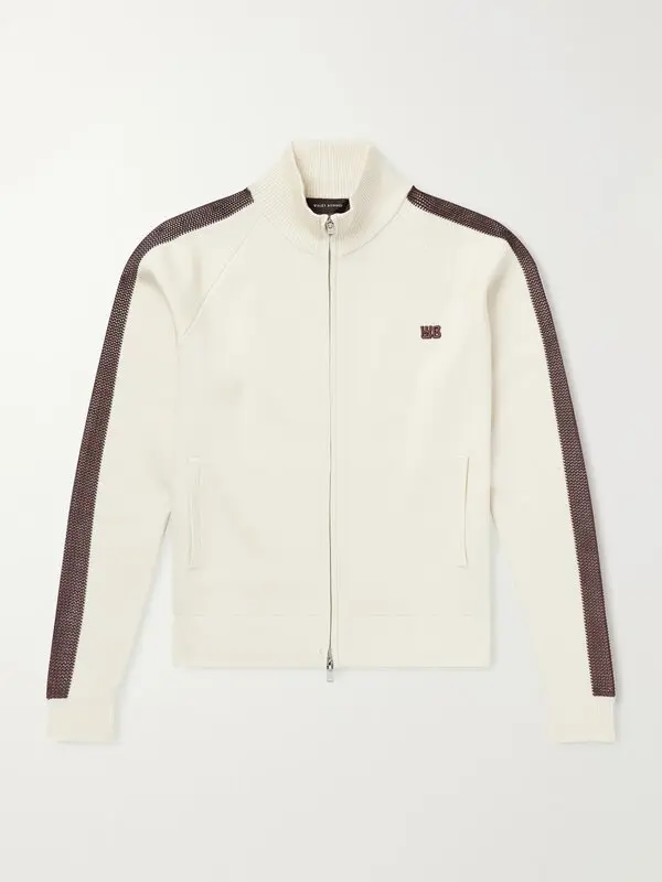 WALES BONNER Logo-embroidered Knitted Zip-up Jacket - White