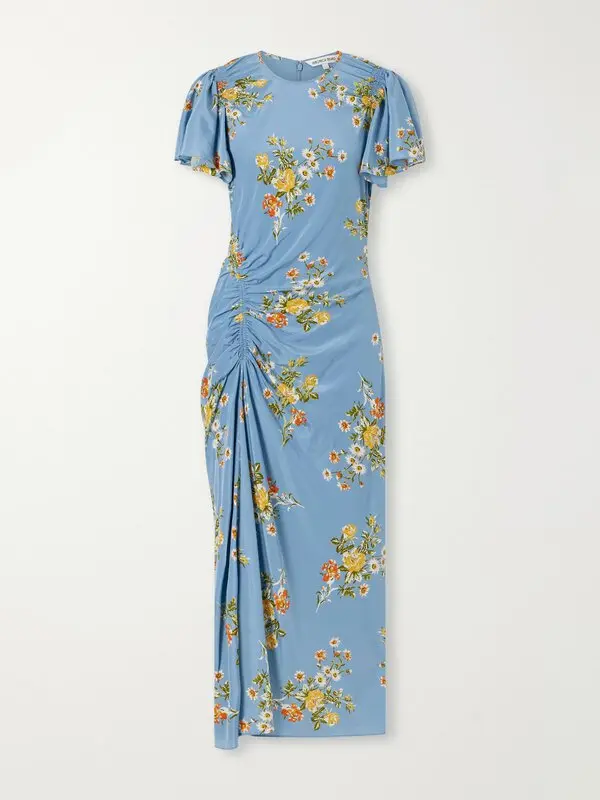 Veronica Beard Huntleigh Floral-print Gathered Silk-blend Satin Midi Dress