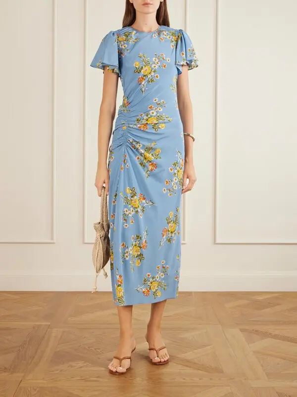 Veronica Beard Huntleigh Floral-print Gathered Silk-blend Satin Midi Dress