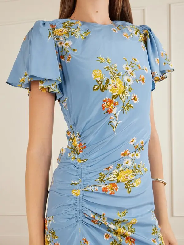 Veronica Beard Huntleigh Floral-print Gathered Silk-blend Satin Midi Dress