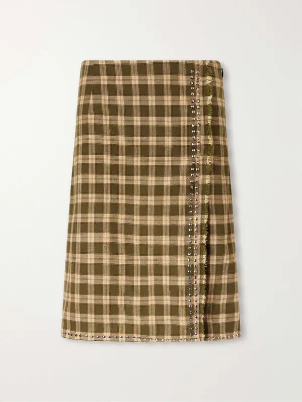WALES BONNER Cosmic Frayed Studded Checked Flannel Mini Skirt - Brown
