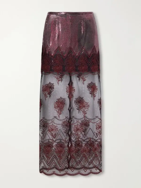 Rabanne Layered Embroidered Chainmail Maxi Skirt